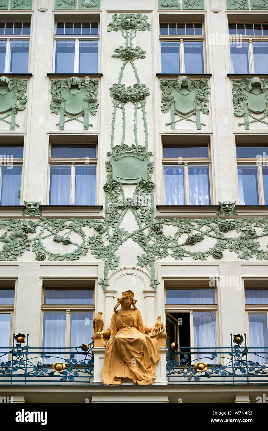 Prague Czech Republic. Old decorated buildings in Karlova street, old ...