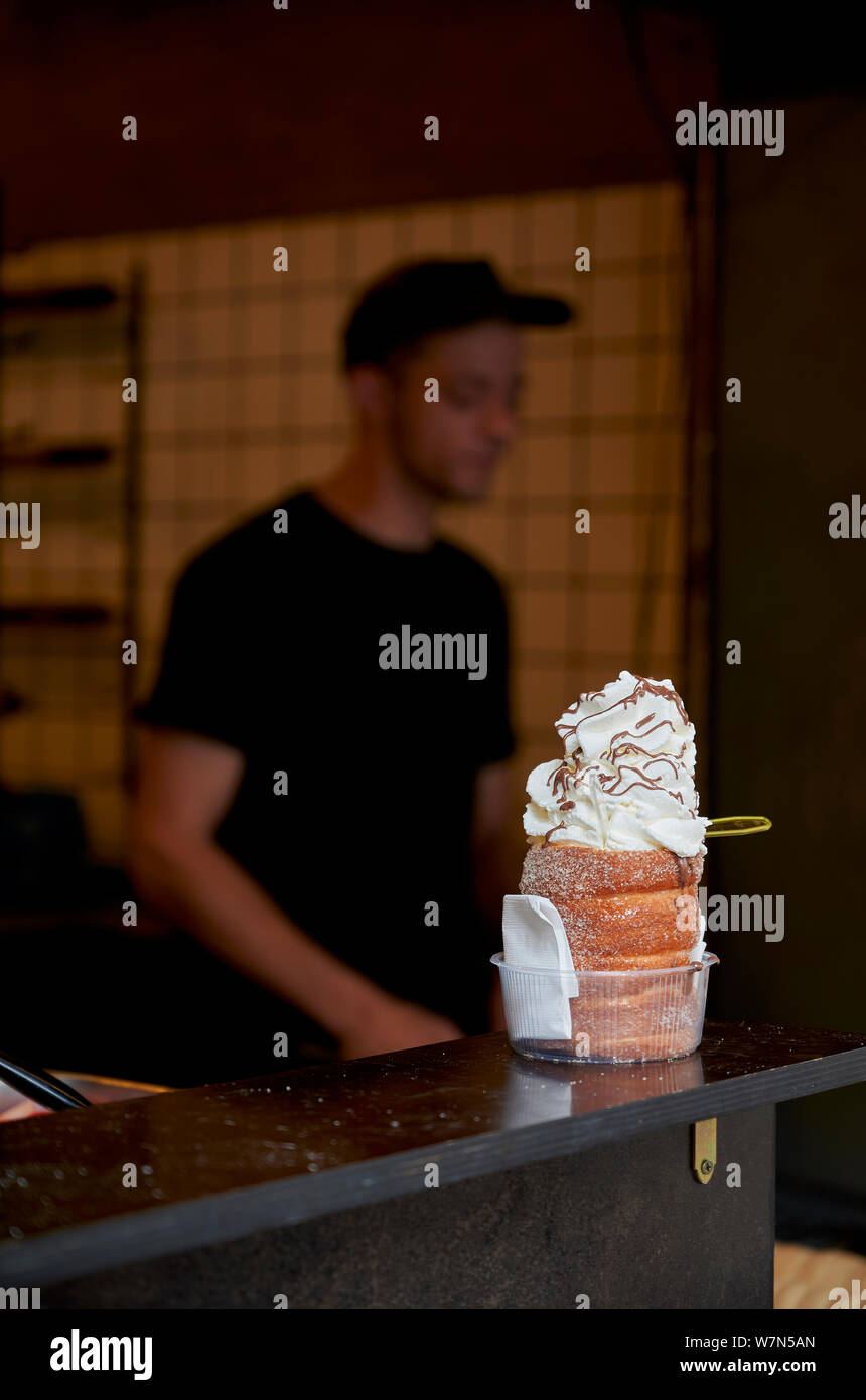 Prague Czech Republic. Trdlo or Trdelnik, the famous spit cake filled ...