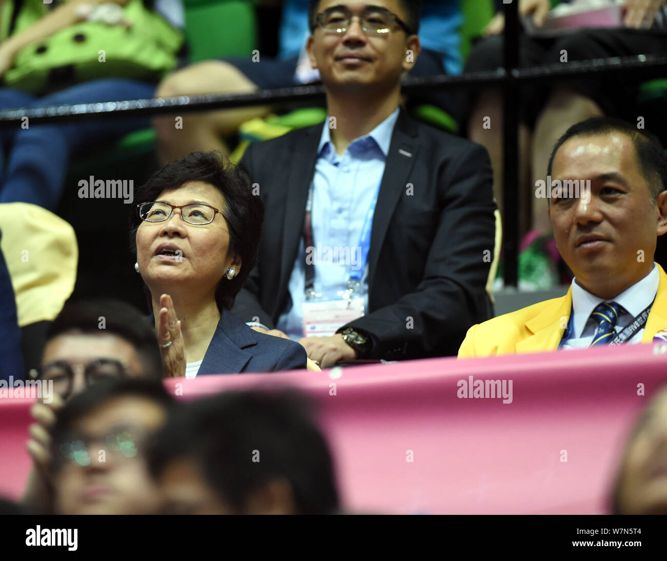 Hong Kong Chief Executive Lam Cheng Yuet-ngor, left, watches the match ...