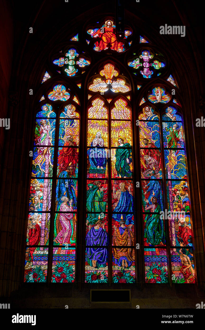 Prague Czech Republic. Stained Glass in St. Vitus Cathedral inside ...