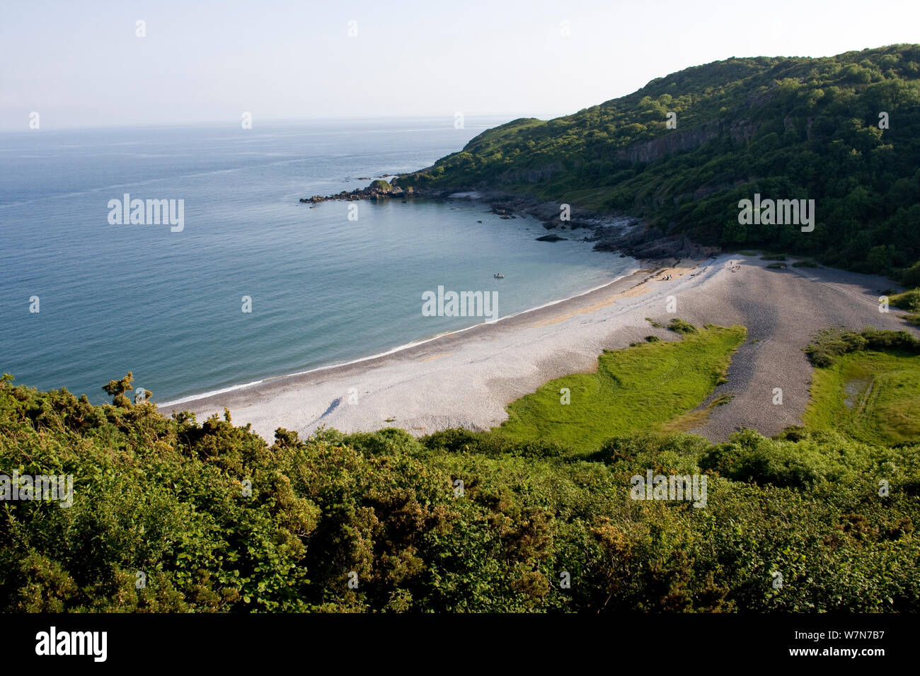 Pwll Du Bay nature reserve, with storm beach pebble ridge, Wales, UK ...