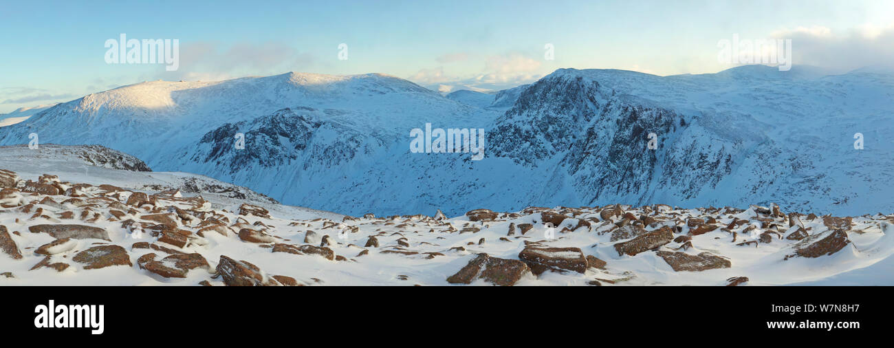 View over Glen Avon to Beinn Mheadhoin in winter, Cairngorms National ...