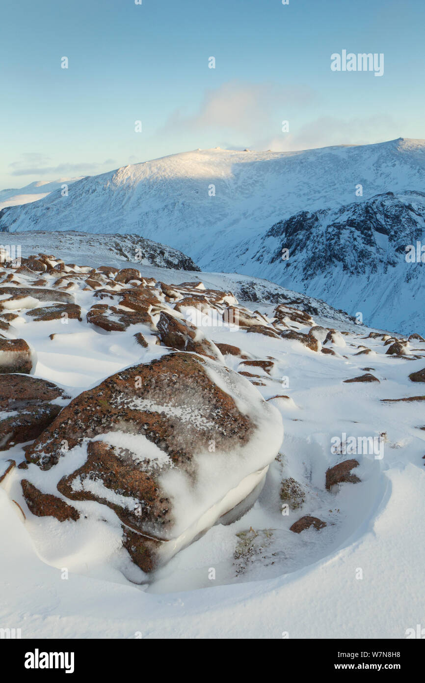 View over Glen Avon to Beinn Mheadhoin in winter, Cairngorms National ...