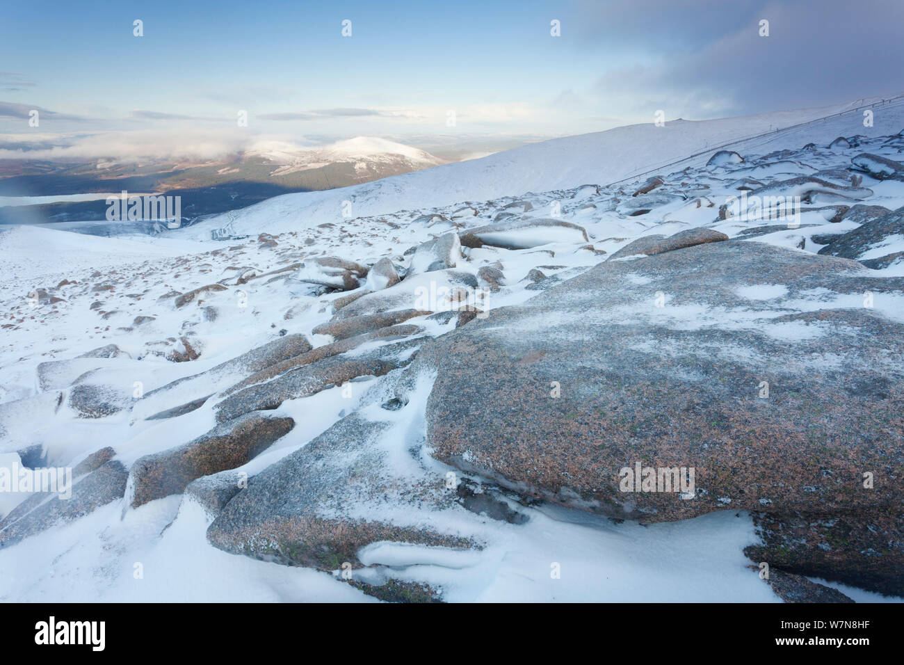 Snow-capped peaks in the Cairngorms National Park, Scotland, December ...