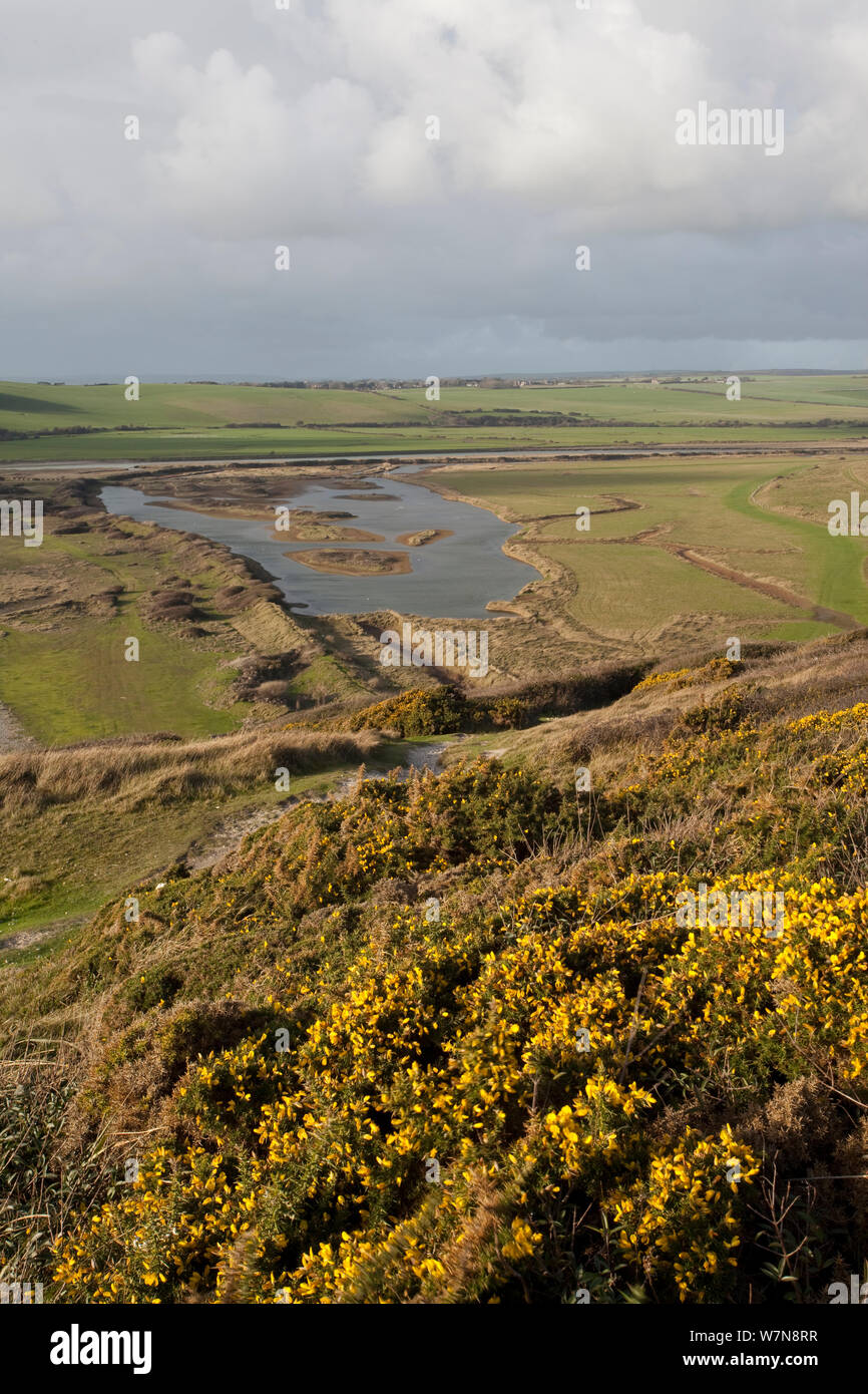 Chalk downland and river estuary. Seven Sisters Country Park, South ...