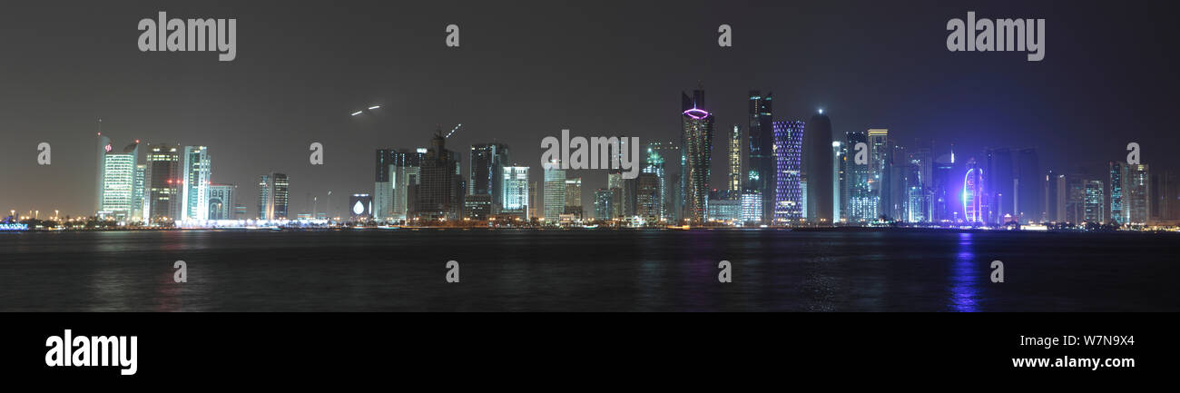 Night skyline of buildings in Doha, Qatar, Arabian Gulf. May 2011 ...