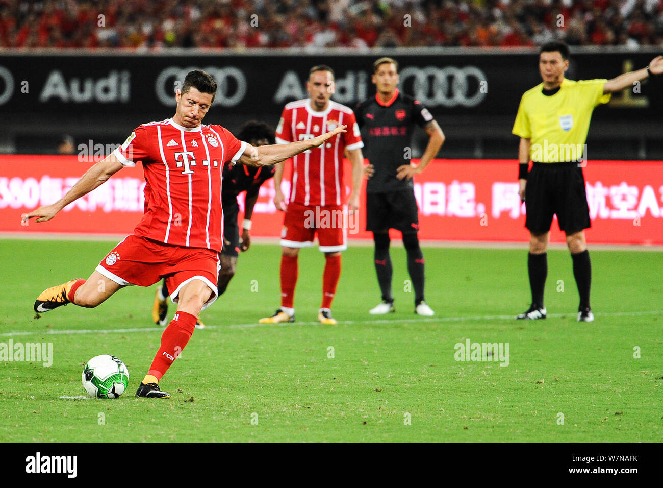Polish football player Robert Lewandowski of Bayern Munich kicks the ...