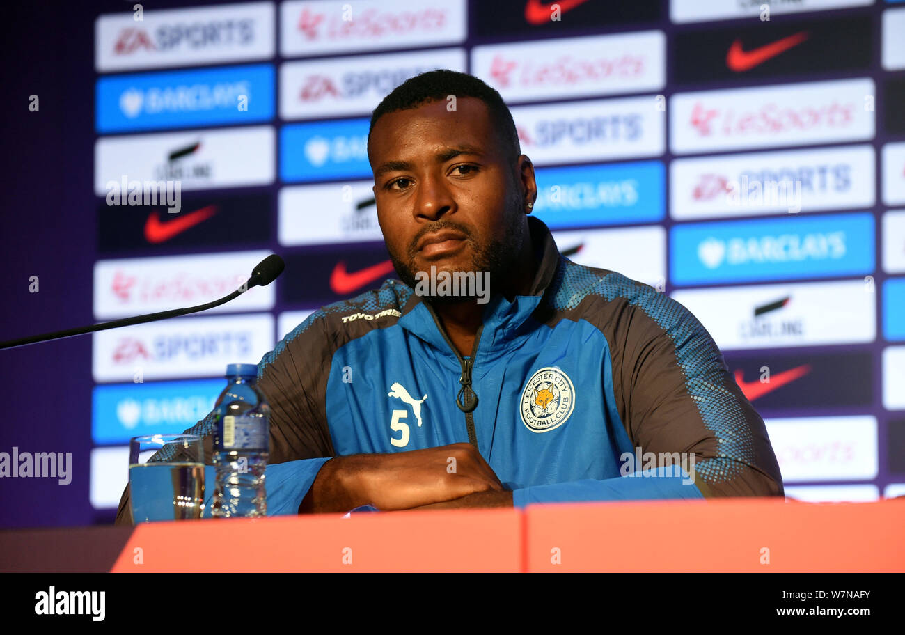 Football player Wes Morgan of Leicester City attends a press conference ...