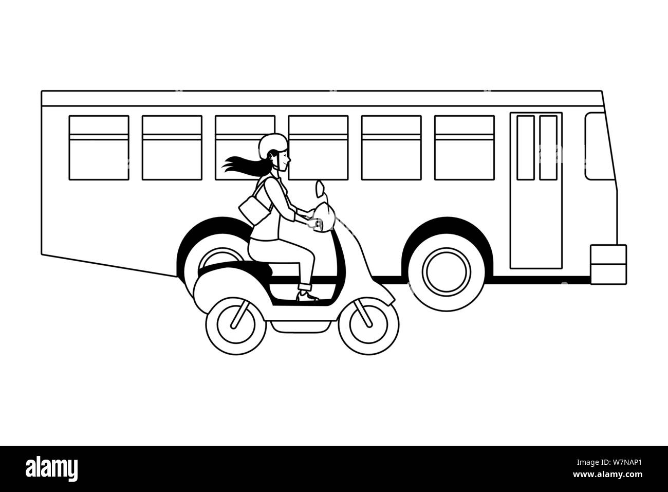 Vehicle and motorcycle with drivers riding in black and white Stock ...