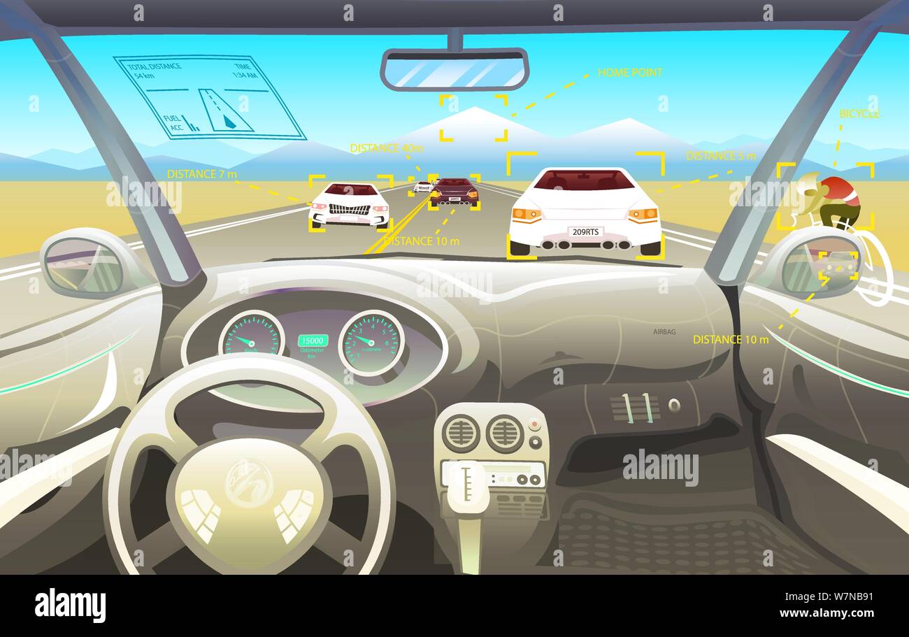 Vehicle salon, Driver view. Dashboard control in a smart car. Virtual ...
