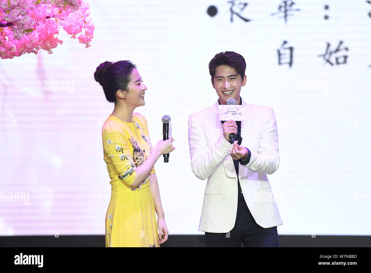 Chinese actress Liu Yifei, left, and actor Yang Yang attend a press ...