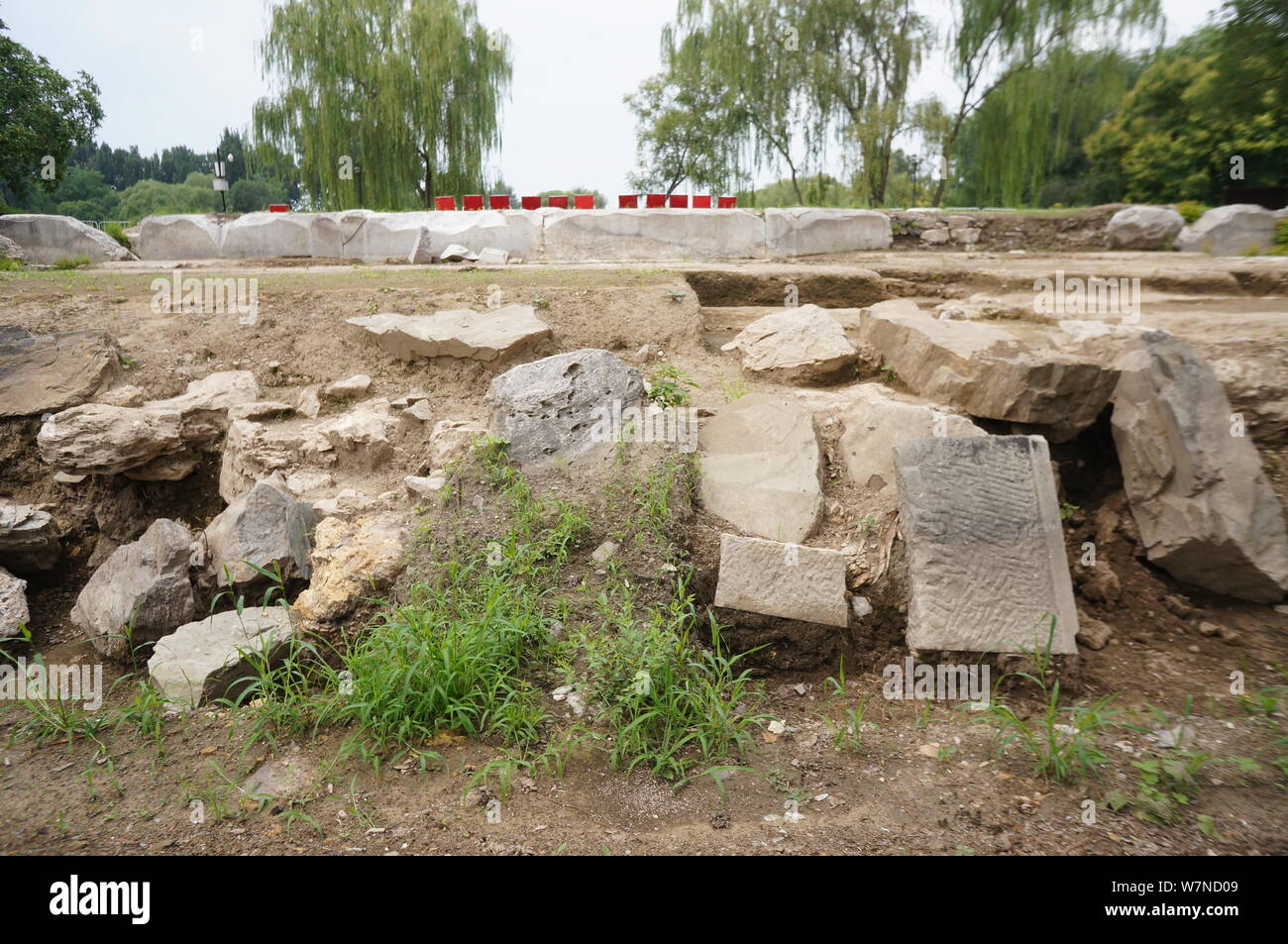 View of an excavation site, where two stones engraved with inscriptions ...