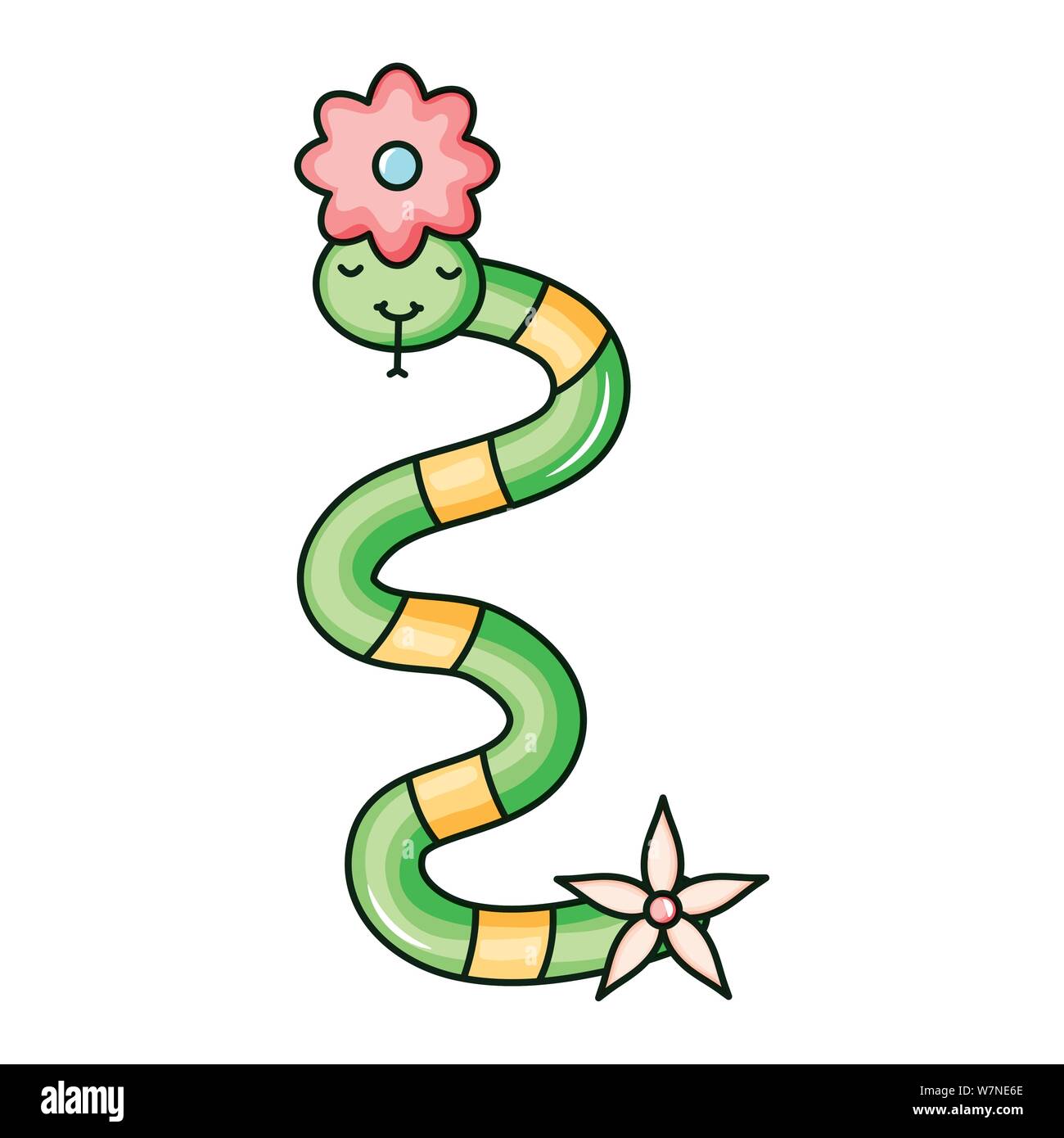 cute little snake with flowers kawaii character vector illustration ...