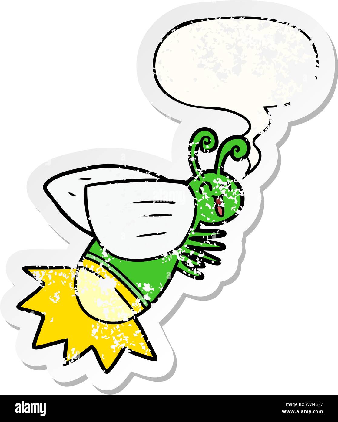 cartoon glow bug with speech bubble distressed distressed old sticker ...