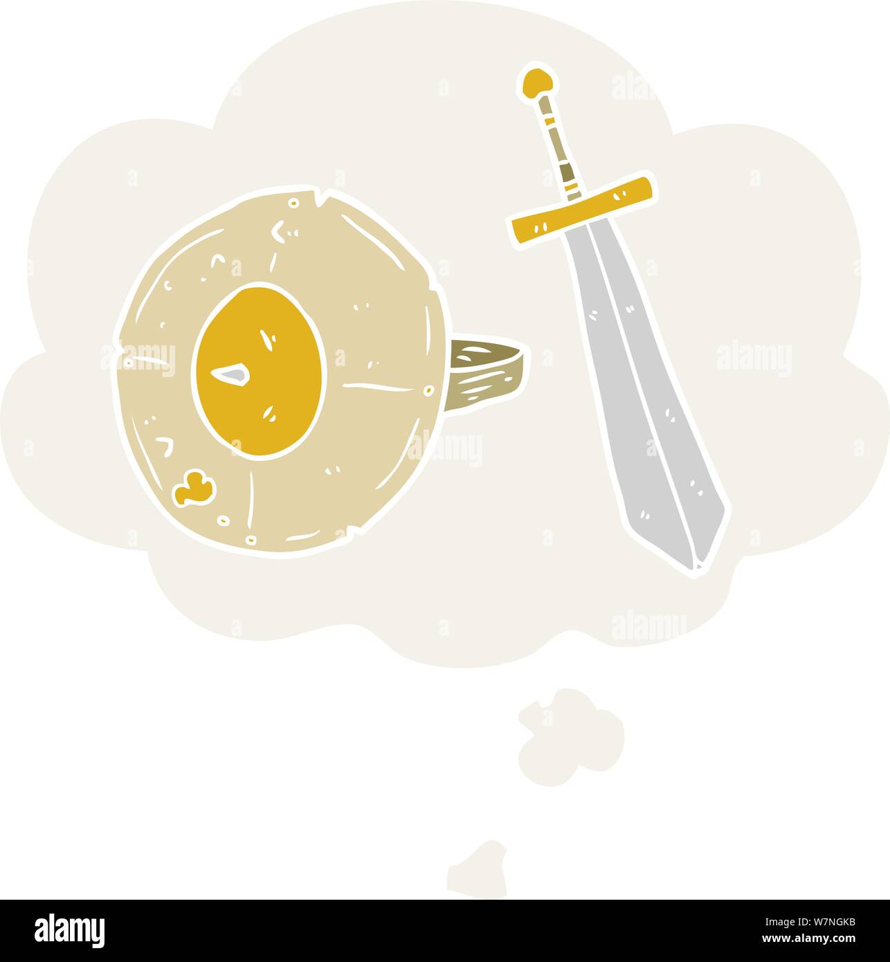 cartoon shield and sword with thought bubble in retro style Stock ...