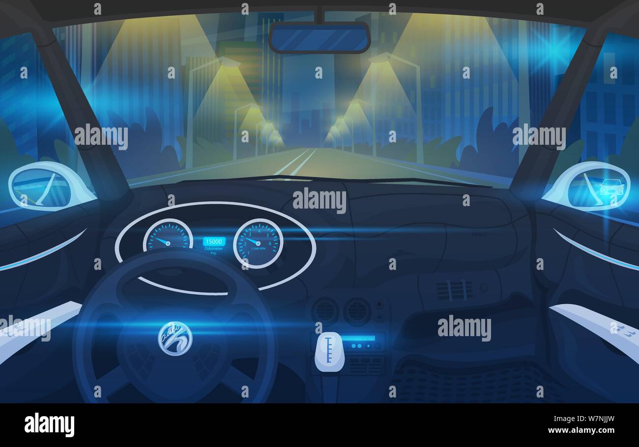 Futuristic Vehicle salon, Electric smart car. Driver view. Dashboard ...