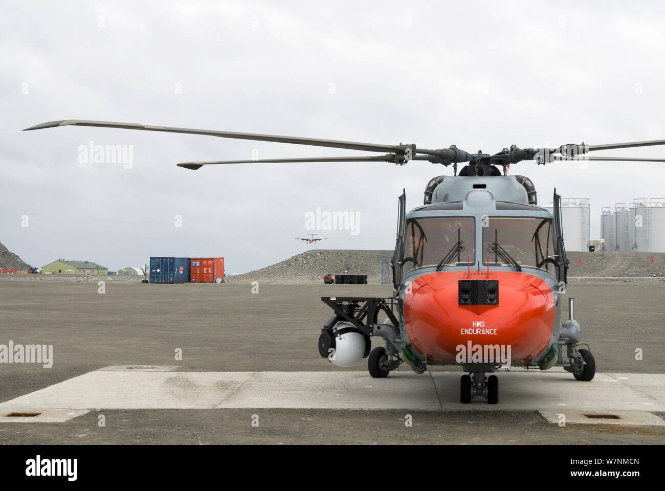 Royal Navy helicopter (mounted with Gyron) parked at Rothera, British ...