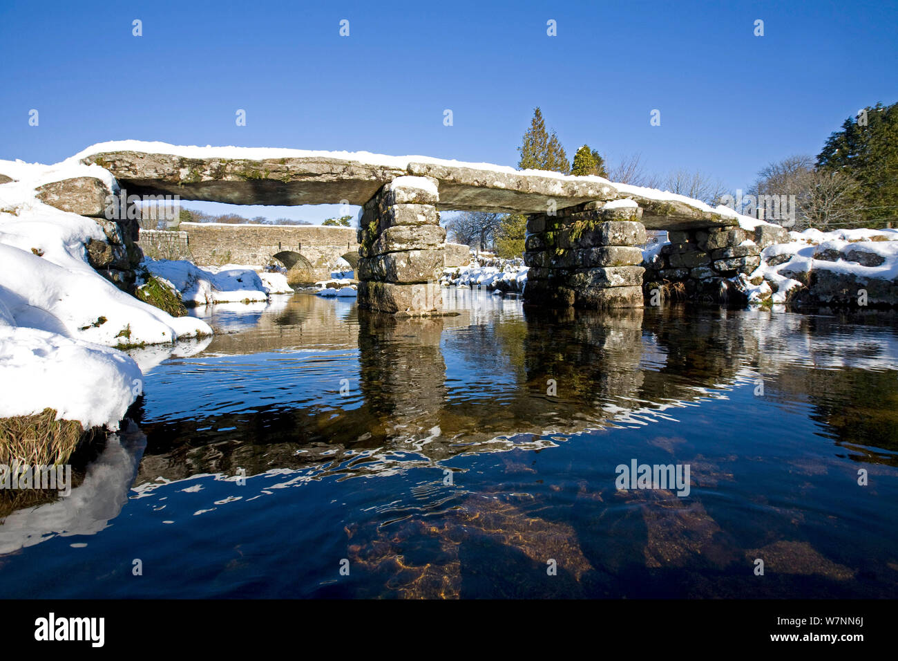 Postbridge clapper in snow. Dartmoor, Devon, December 2010 Stock Photo ...