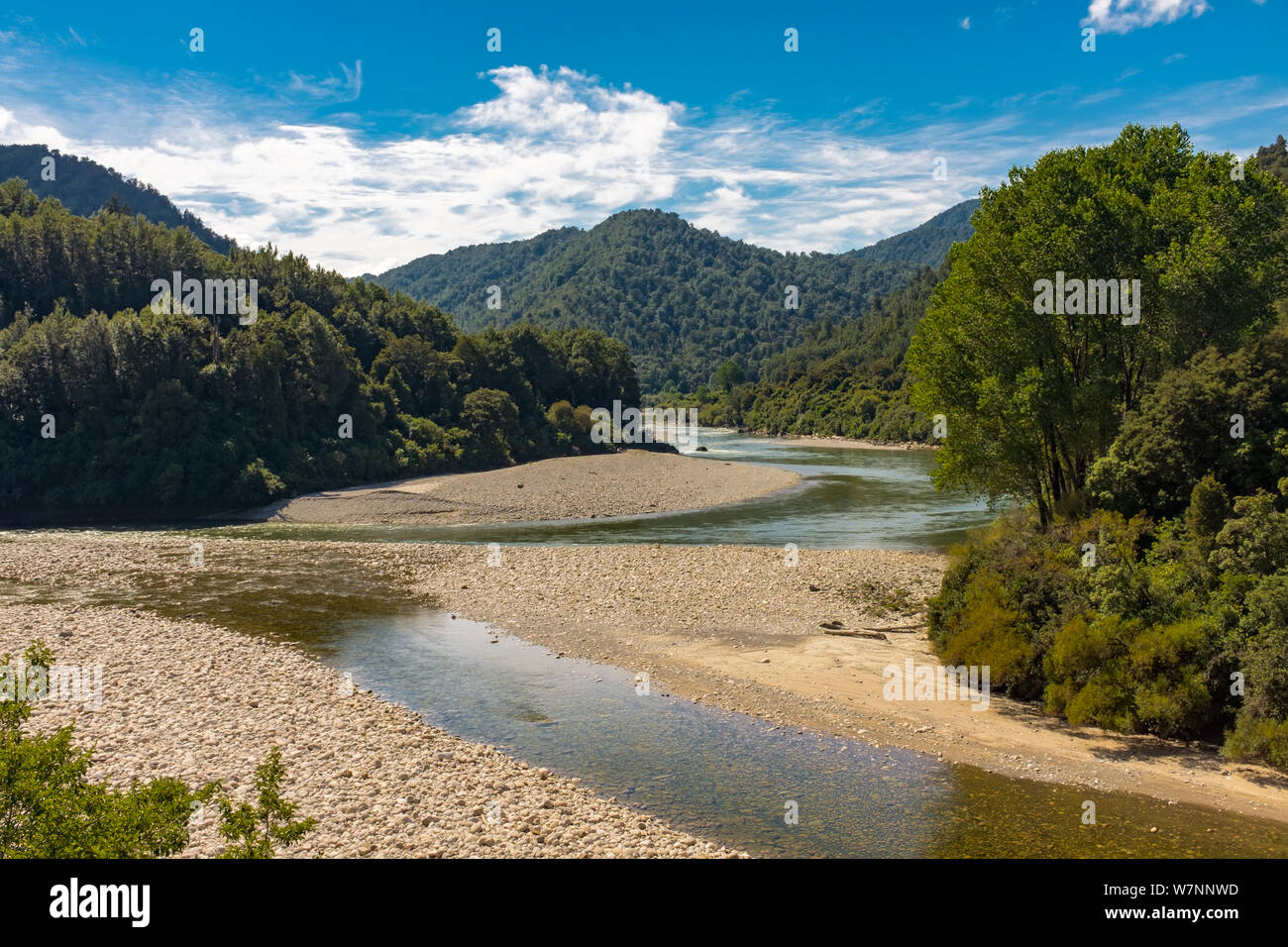 A view of a typical river in New Zealand weaving its way through the ...