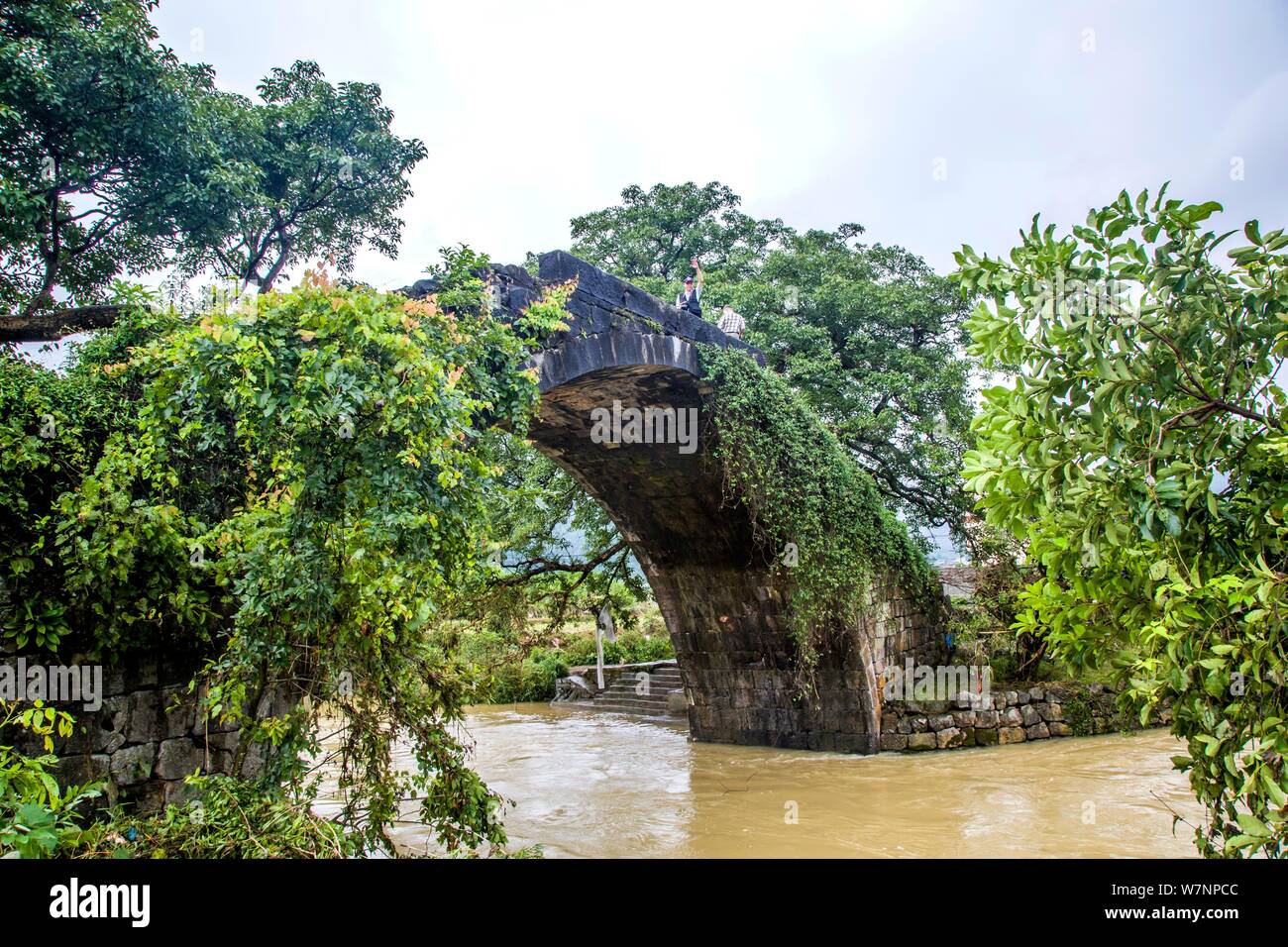 An ancient bridge is pictured over a flooded tributary of the Lijiang ...