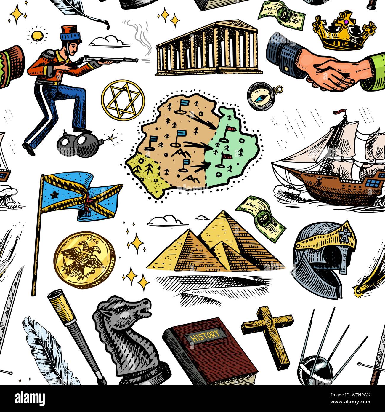 History seamless pattern in vintage style. Education, religion and old ...