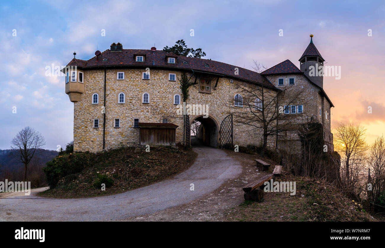 Germany, XXL panorama of magic swabian alb castle teck in sunset light ...