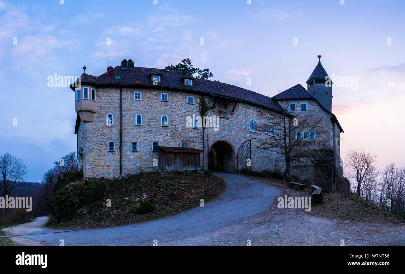 Germany, XXL panorama of ancient castle teck castle gate in magical ...