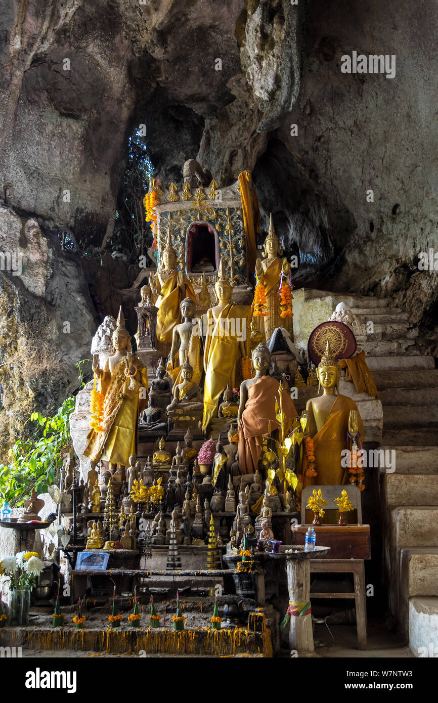 Hundreds of old and faded Buddha statues inside the Tham Ting Cave at ...