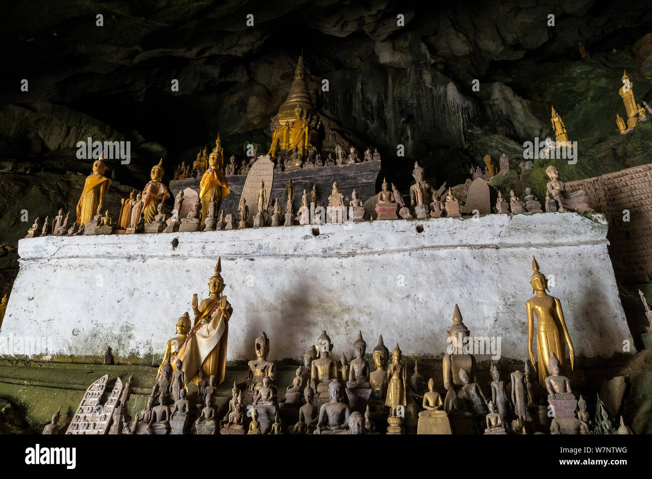 Hundreds of old and faded Buddha statues inside the Tham Ting Cave at ...