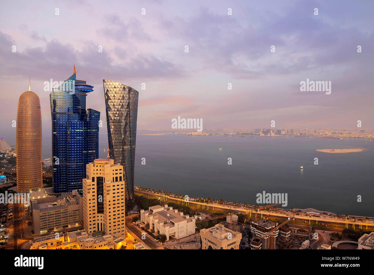 Ariel View of Downtown Area and Corniche Road at sunset time. Doha ...