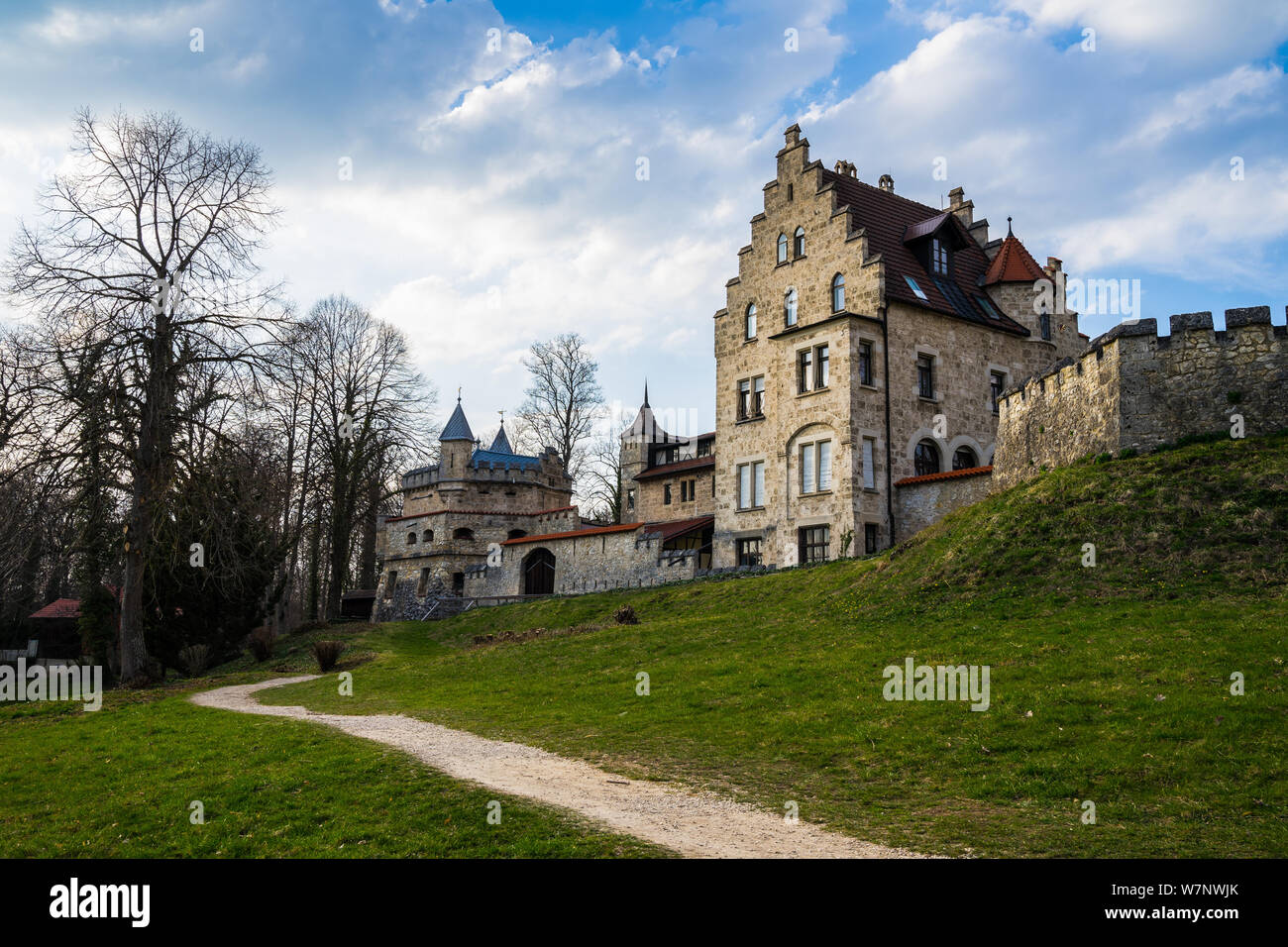 Germany, German castle lichtenstein behind ancient walls of stone next ...