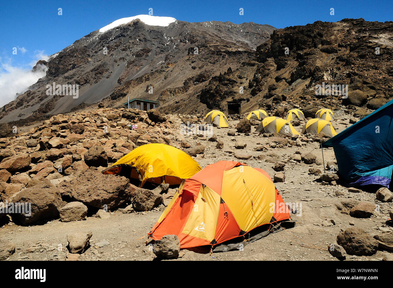 Barafu Camp (4650m) with the glaciers of Mount Kilimanjaro's summit in ...