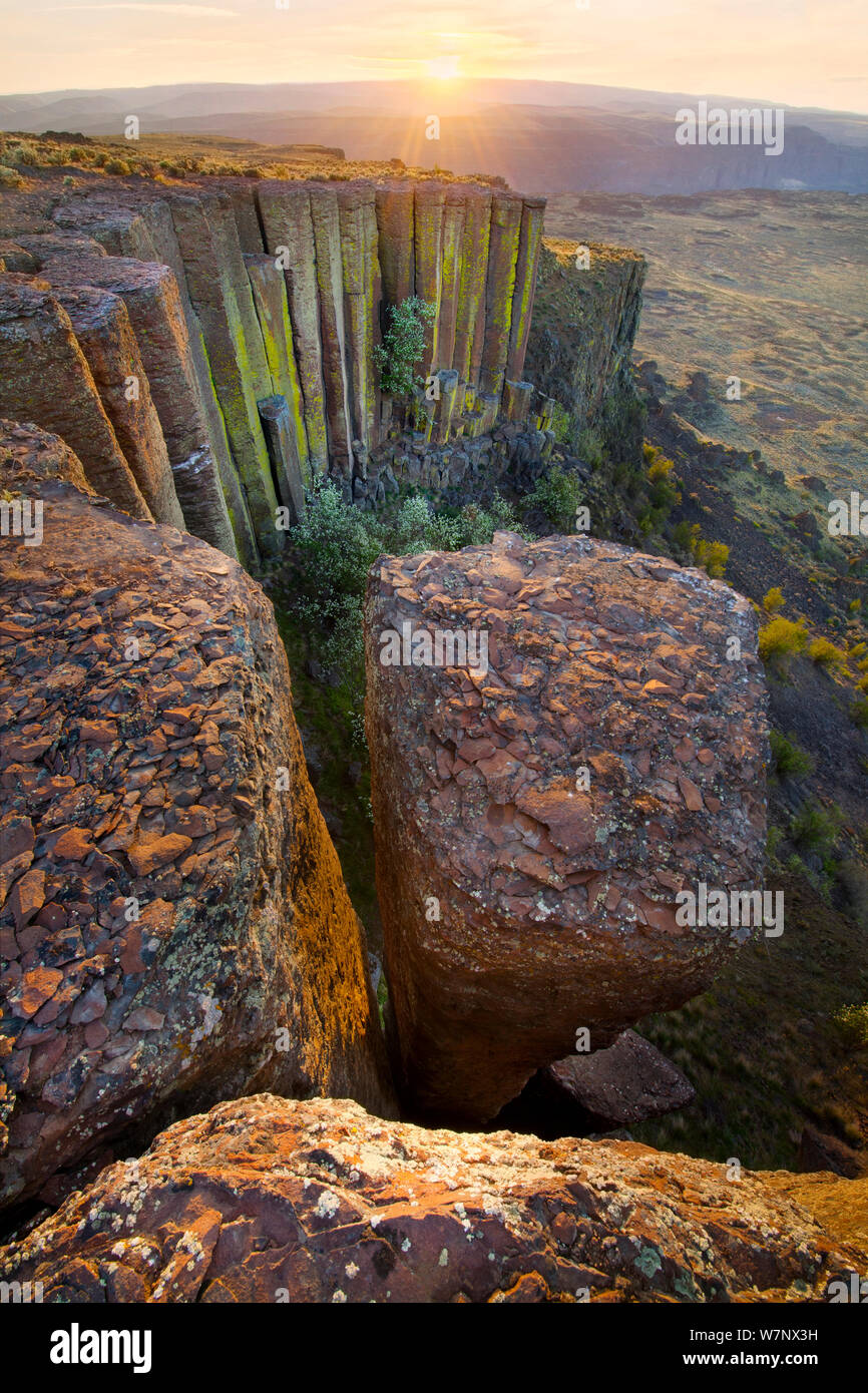 A lichen covered wall of eroded basalt columns along the side Potholes ...