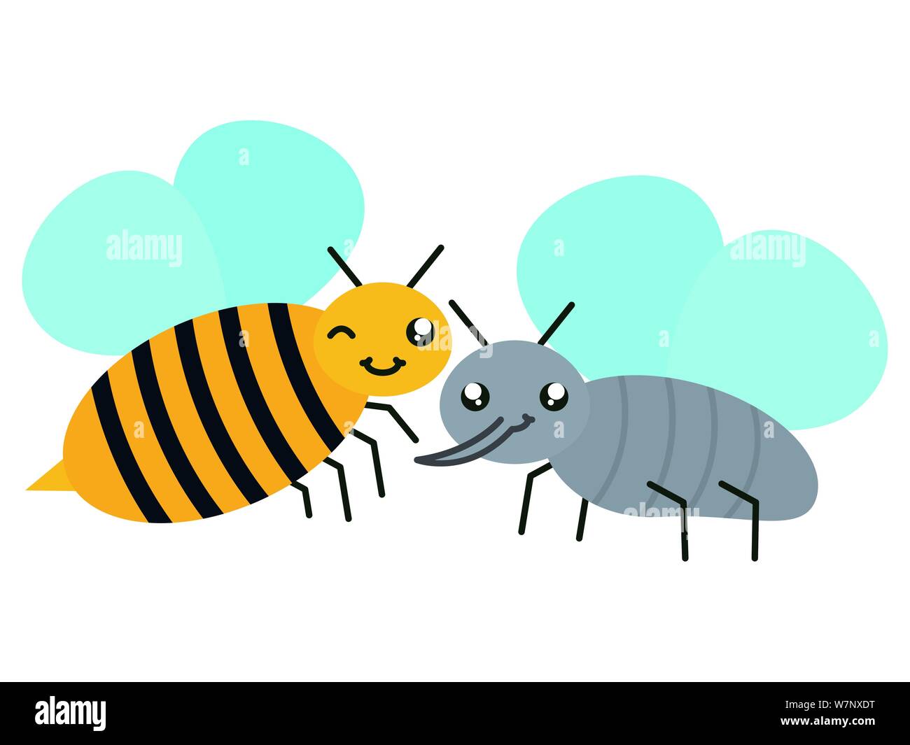 cute fly and bee insects kawaii characters vector illustration design ...