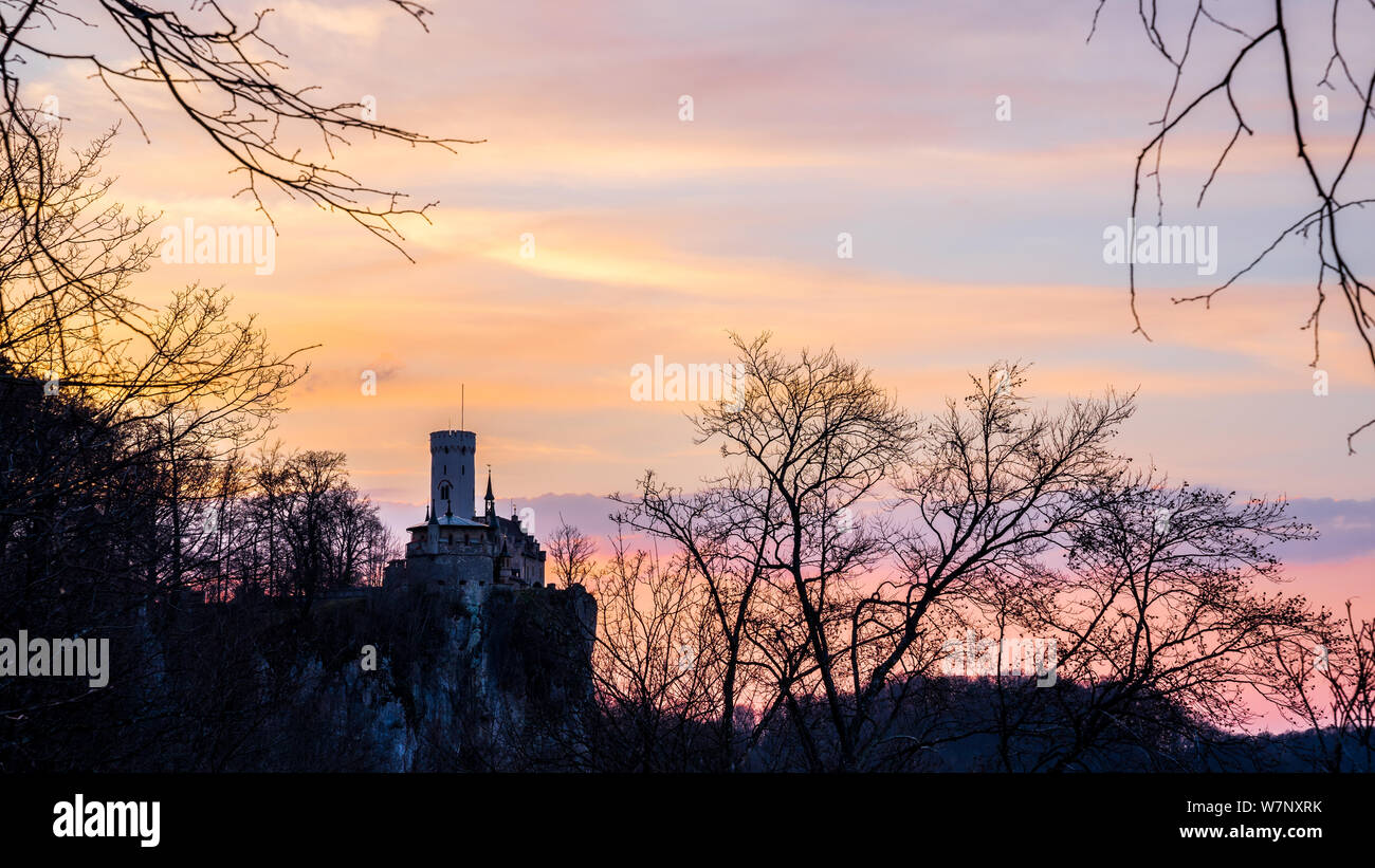 Germany, Famous german castle lichtenstein at the edge of cliff rocks ...