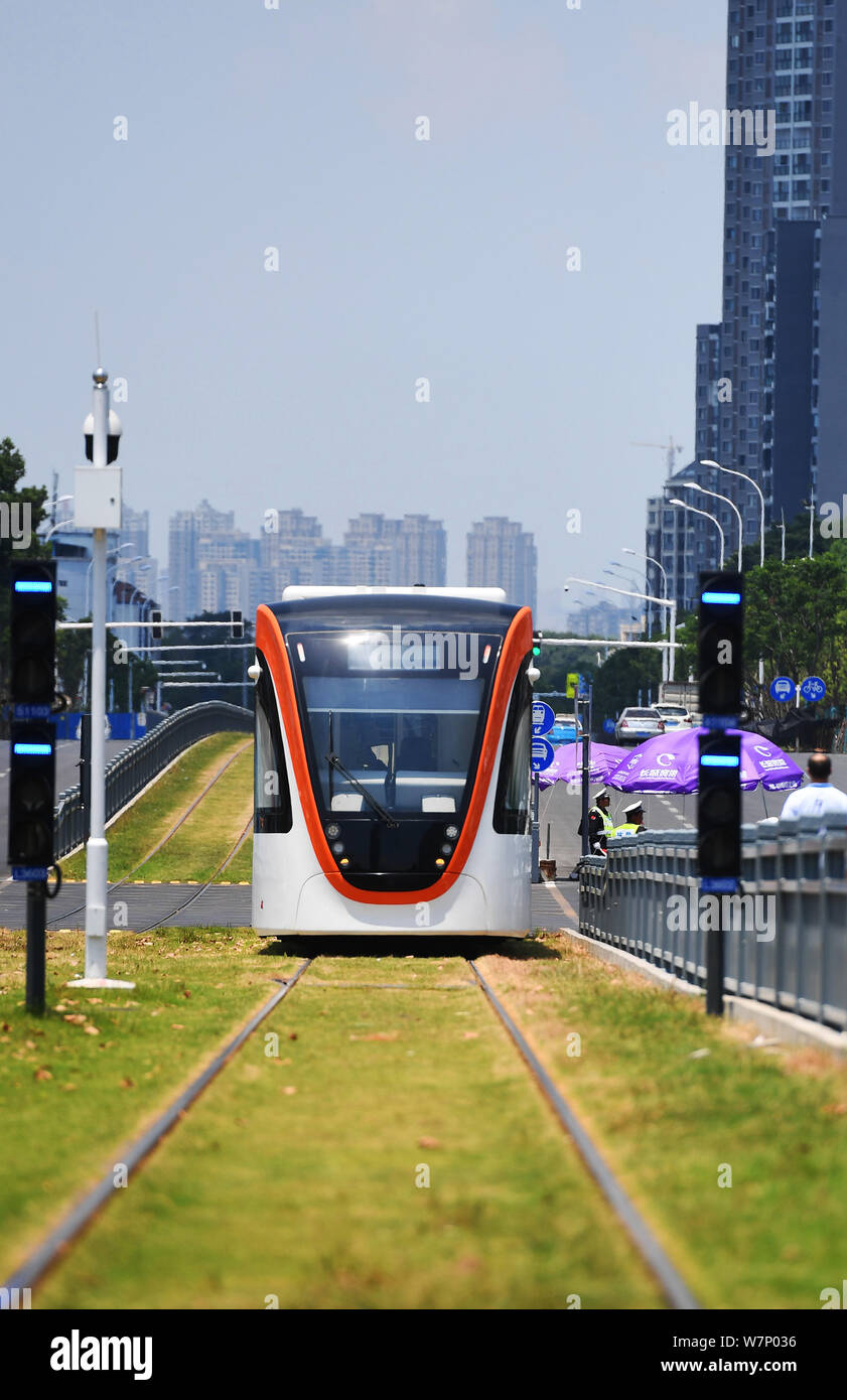 A tramcar is pictured on the city's first tram line in Wuhan city ...
