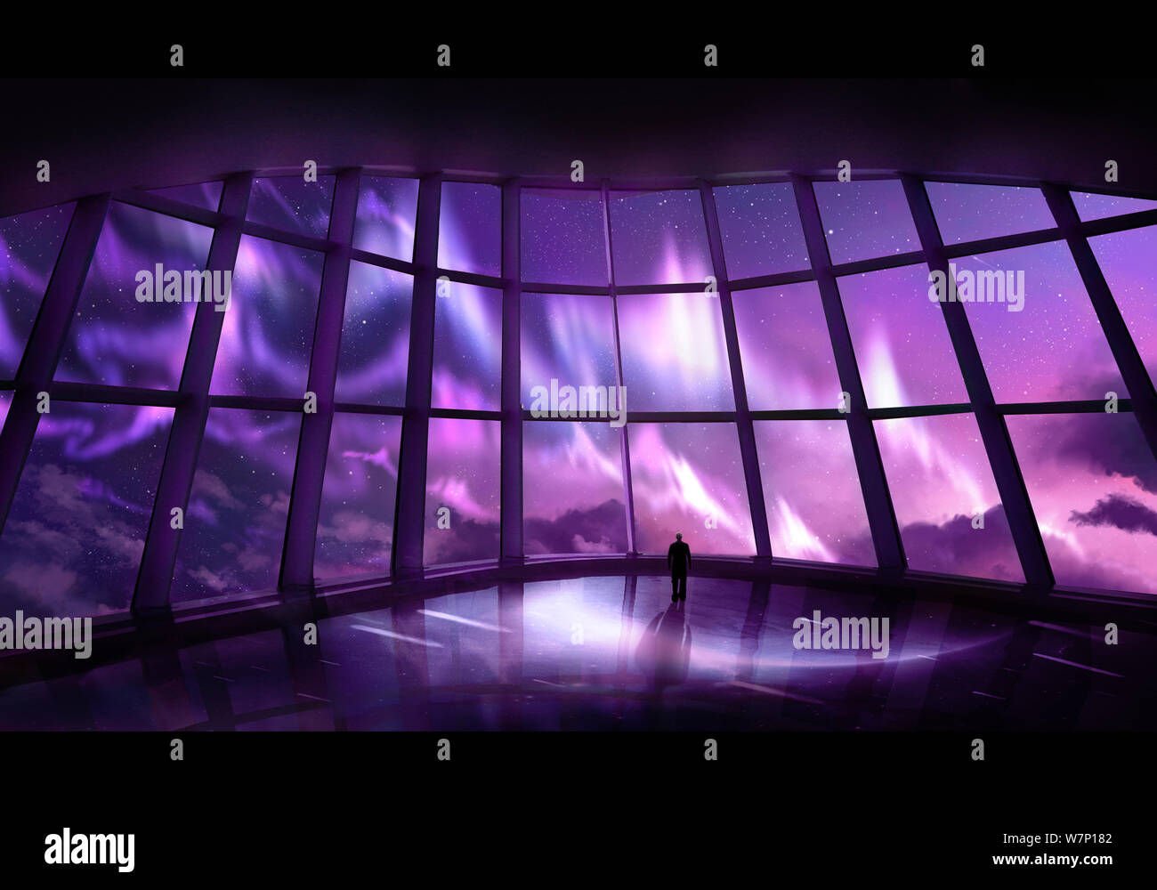 Abstract digital paint of a peaceful man in a big building looking at a ...