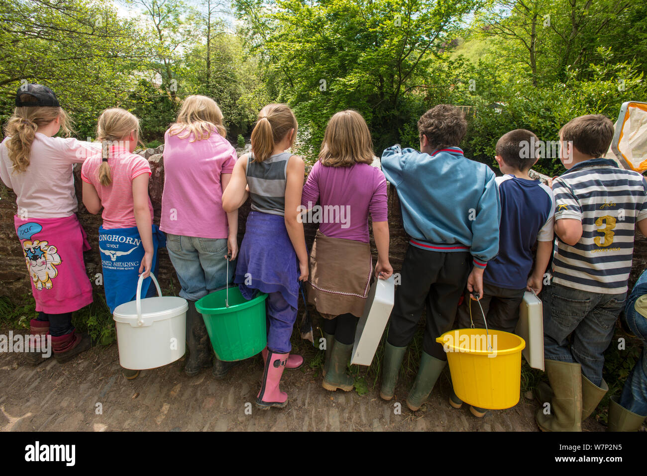 School children with equipment to do kick sampling, invertebrate ...