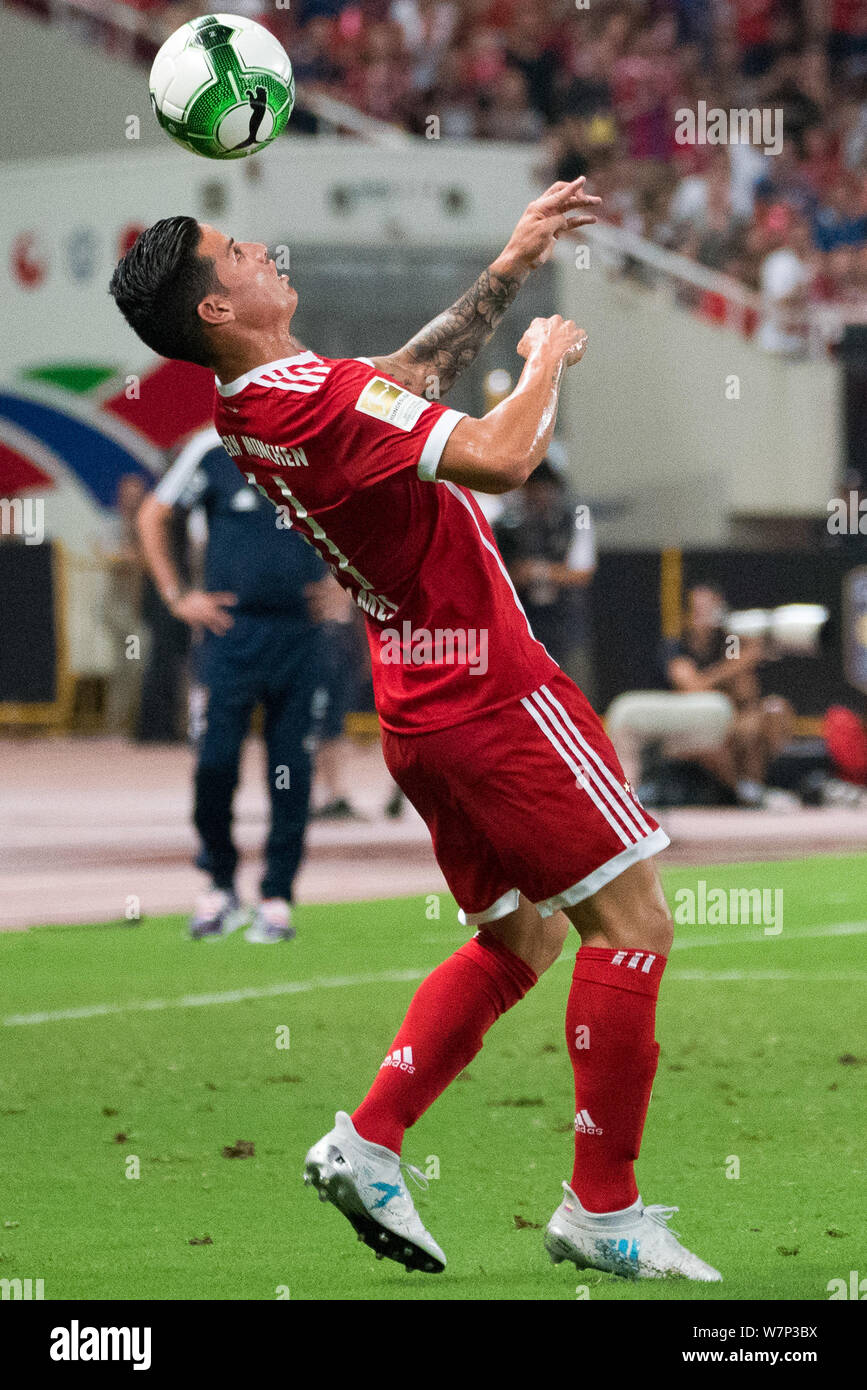 Colombian football player James Rodriguez of Bayern Munich heads the ...