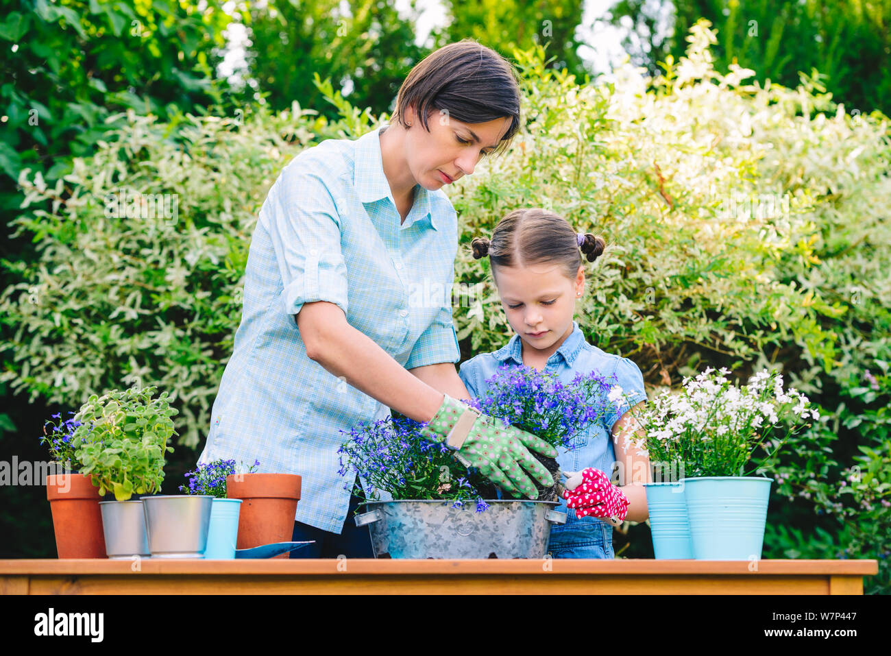 Mother and daughter planting flowers in pots in the garden - concept of ...