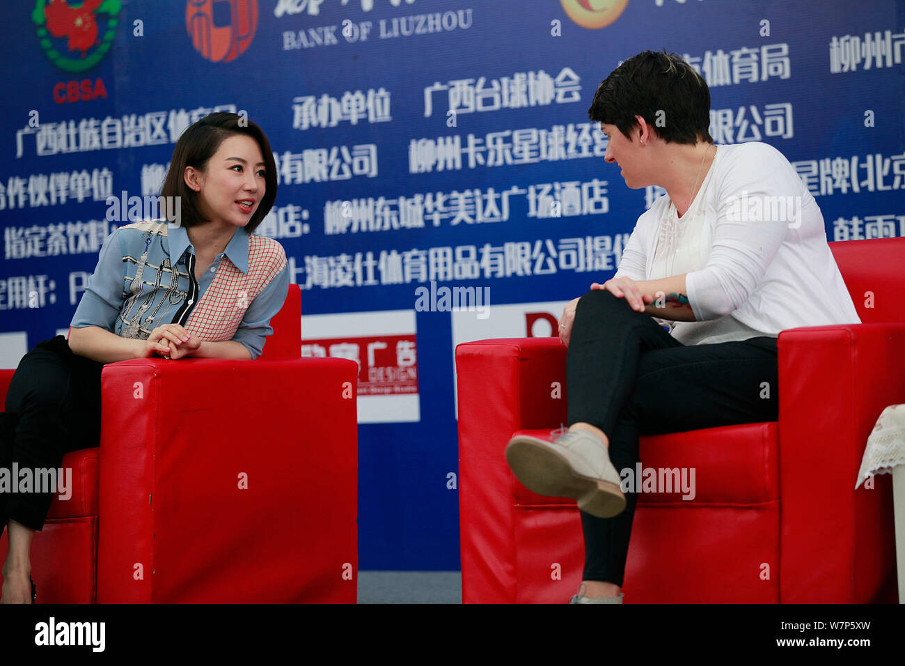Female Chinese pool star Pan Xiaoting, left, attends the fan/media ...