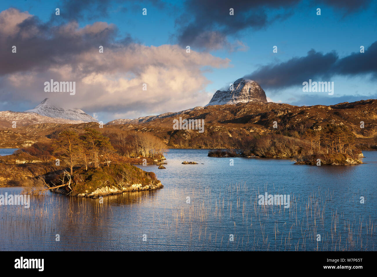 Loch Druim Suardalain with Mount Canisp and Mount Suilven dusted in ...