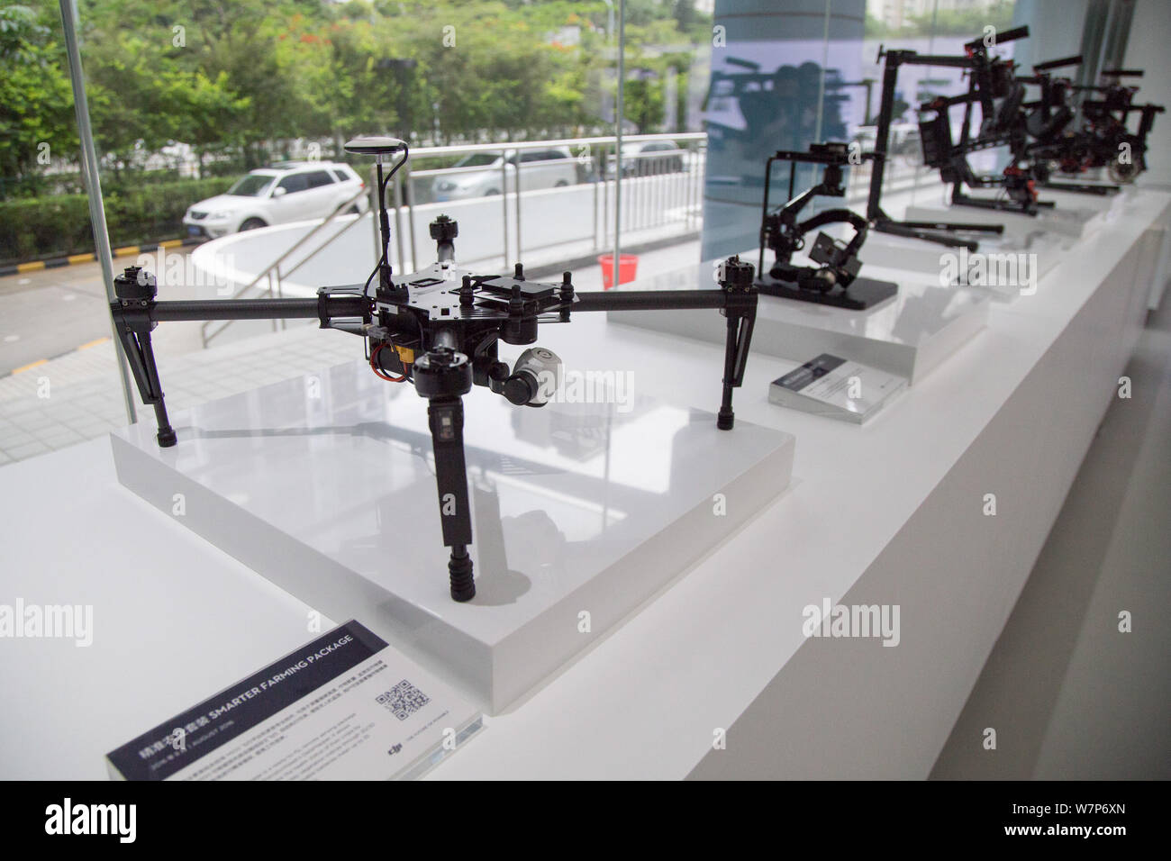 Drones are on display at the headquarters of DJI in Shenzhen city ...