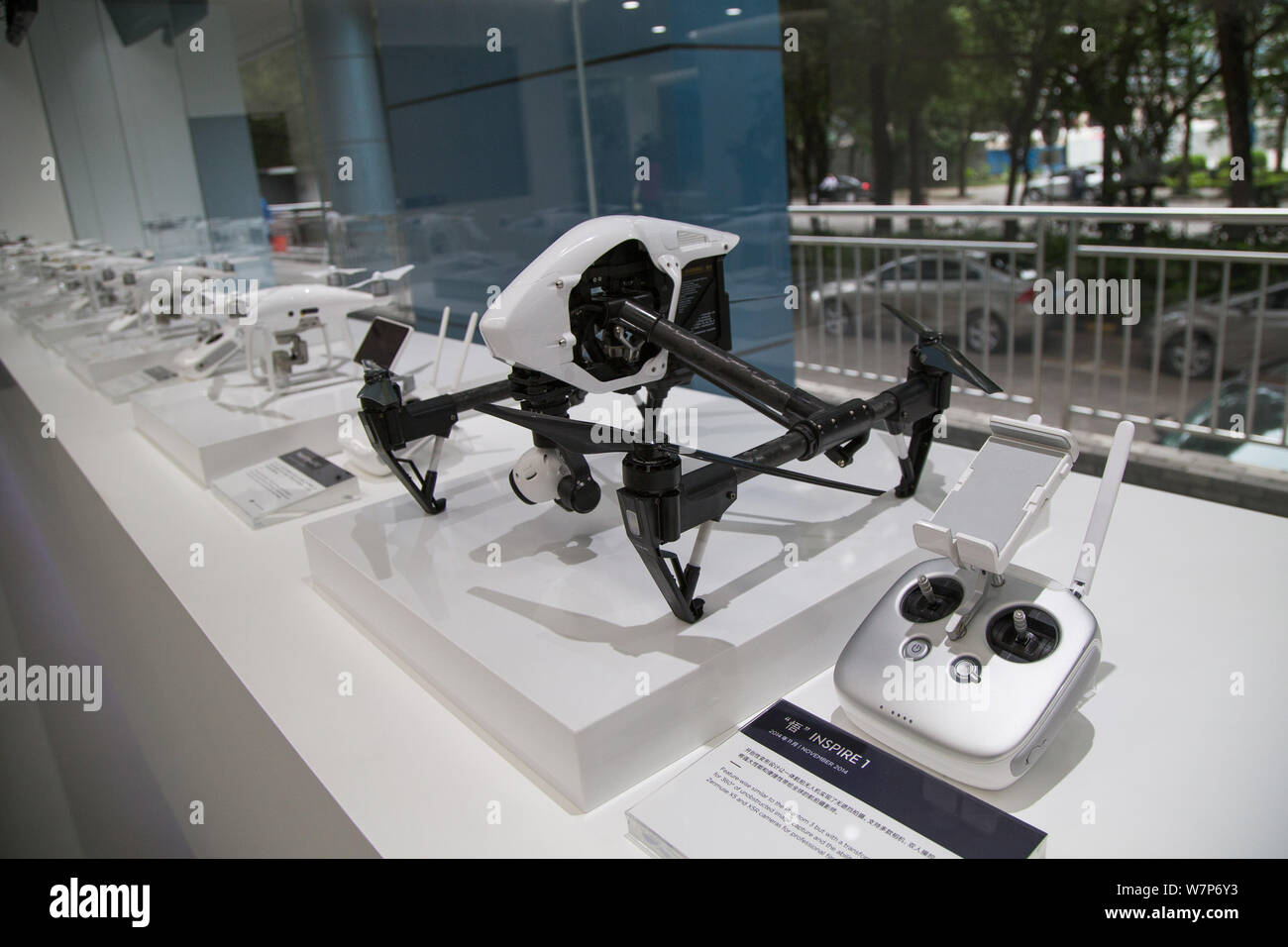 Drones are on display at the headquarters of DJI in Shenzhen city ...