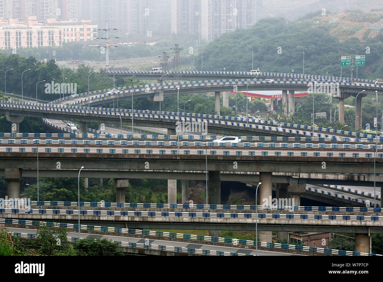 Aerial view of the five-story structure Huangjuewan Flyover in ...