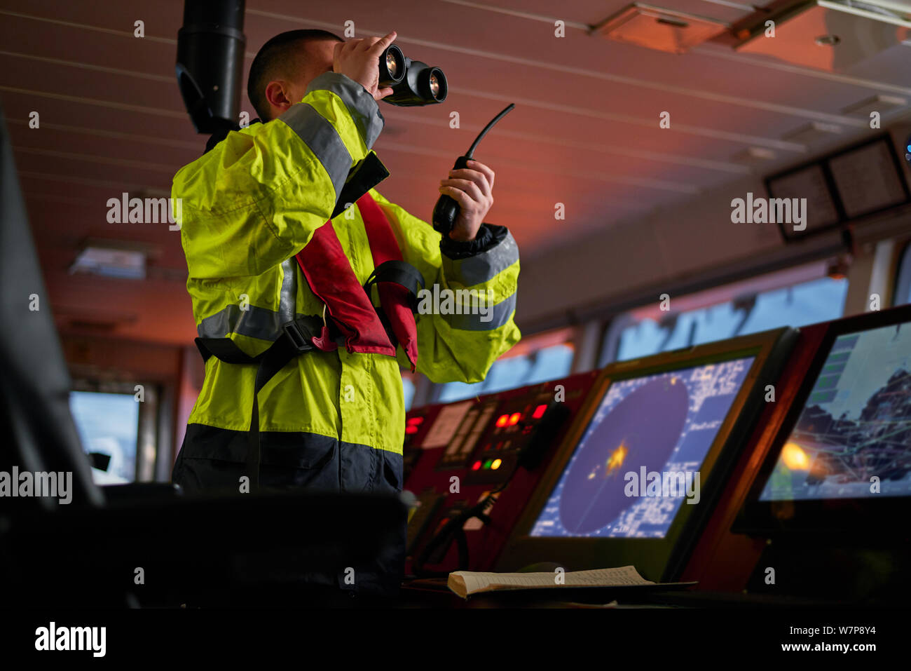 Navigator. pilot, captain as part of ship crew performing daily duties ...
