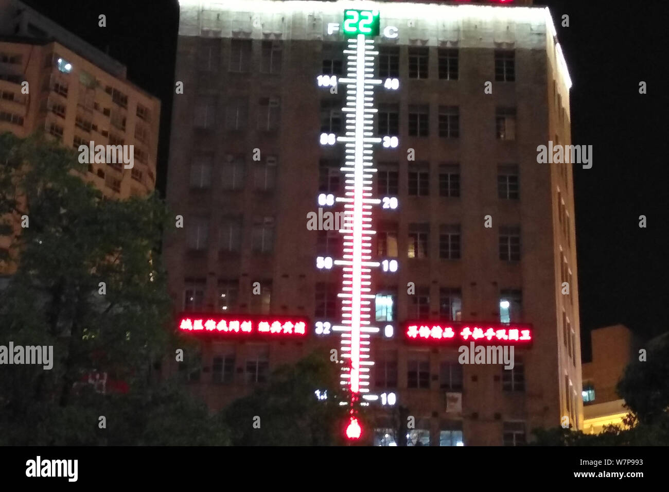 View of a building with the huge thermometer showing outdoor ...
