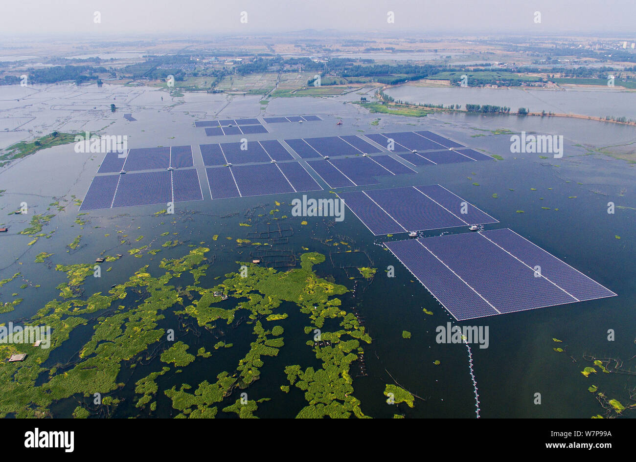 Aerial view of the world's largest floating solar energy plant with a capacity of 40 megawatts ...