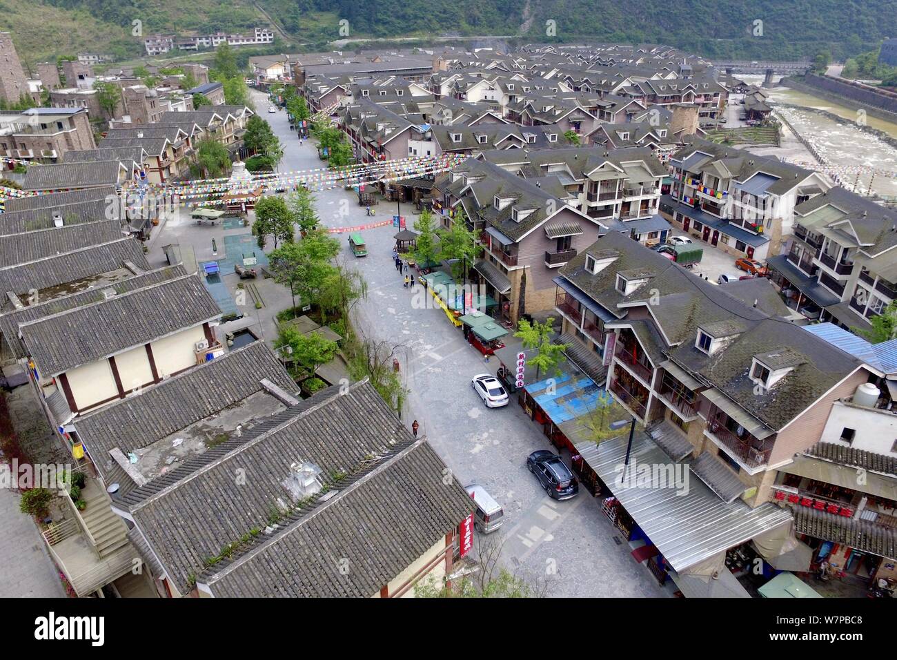 Aerial view of houses along the Minjiang River in the rebuilt Wenchuan ...