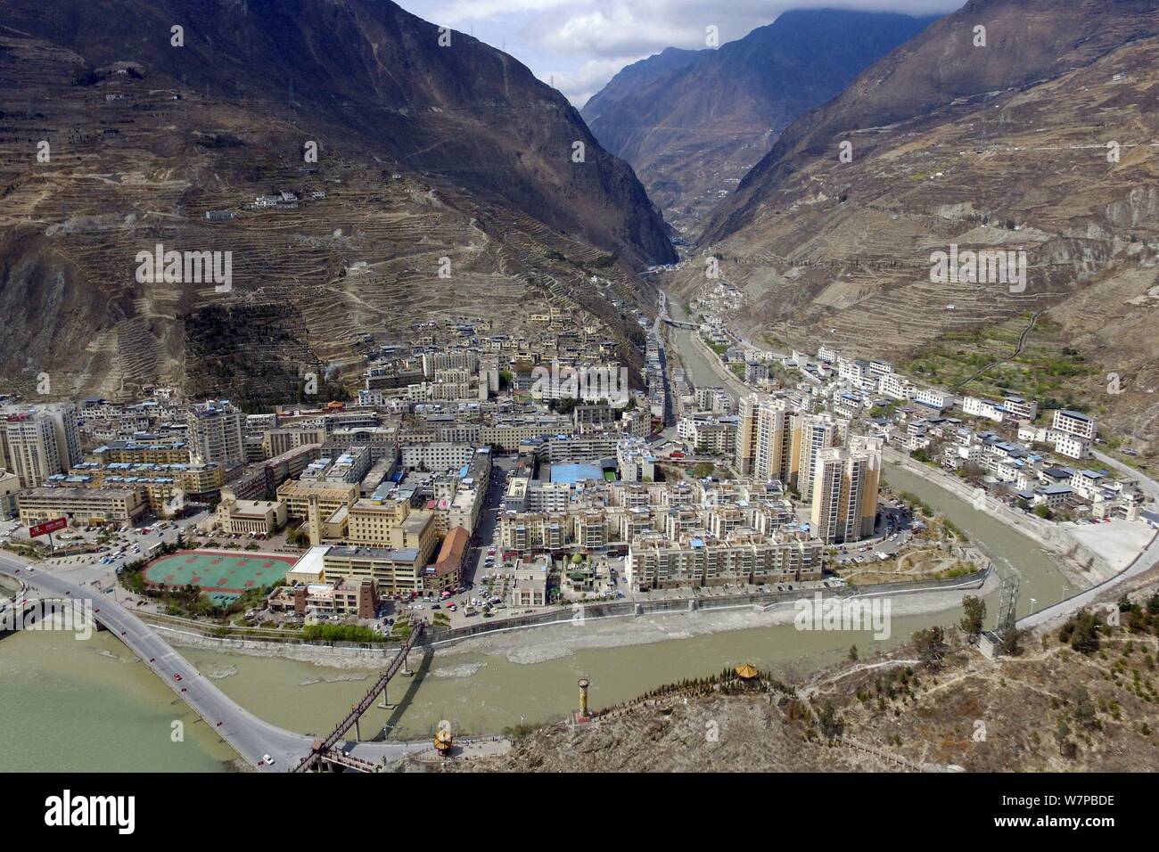 Aerial view of houses along the Minjiang River in the rebuilt Wenchuan ...
